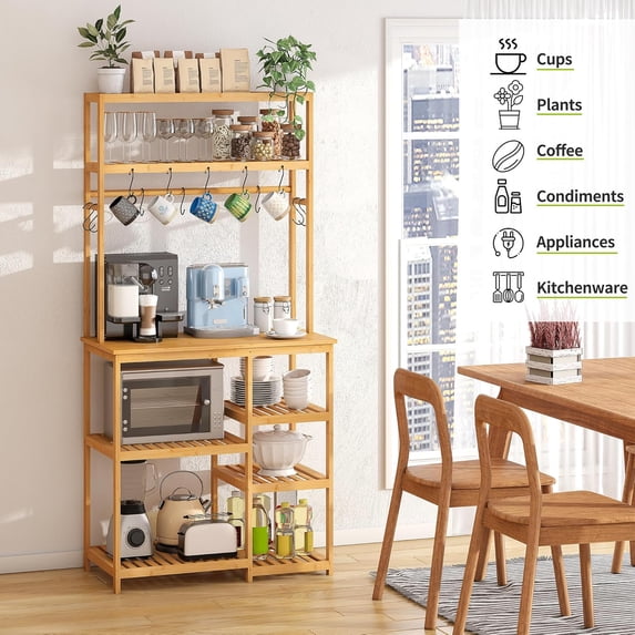 Bakers Rack Bamboo for Kitchen with 12 S-Shaped Hooks Coffee Bar Table ...