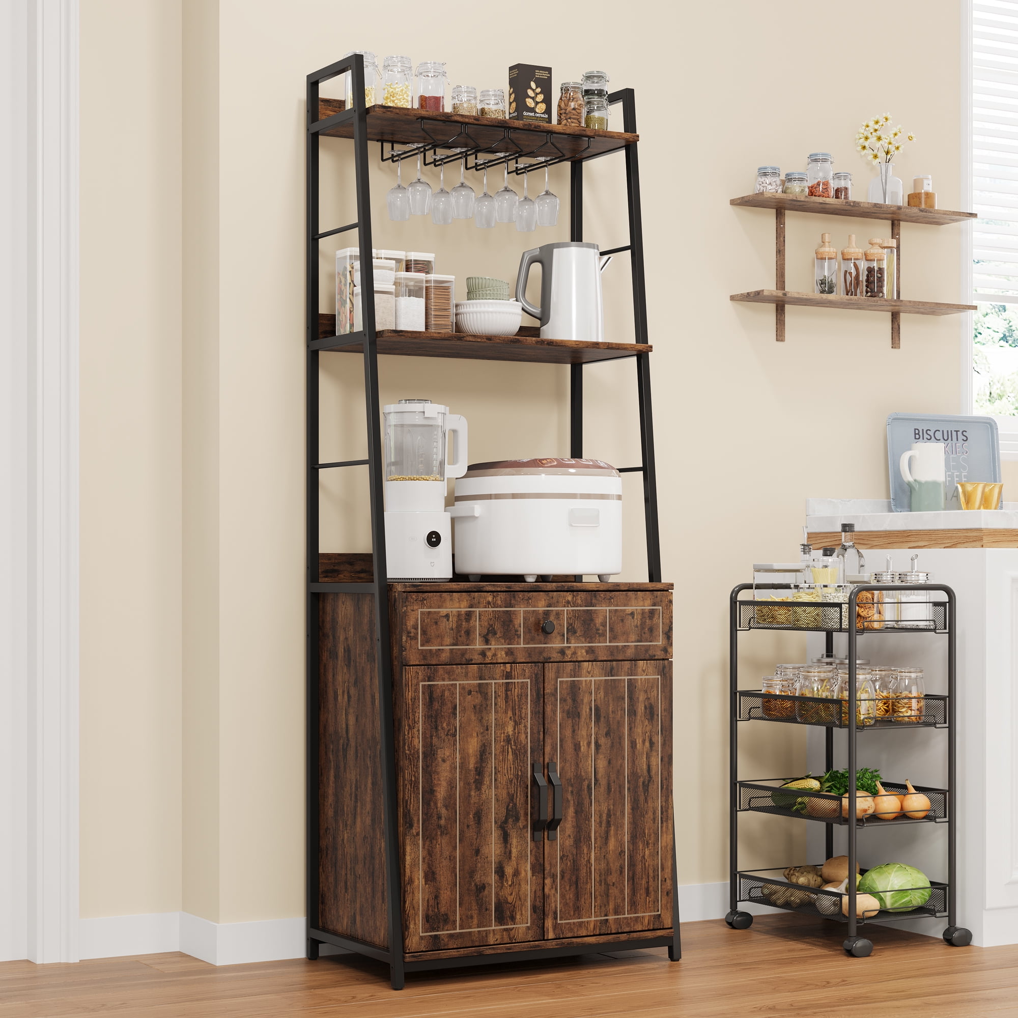 Bakers Rack with Cabinet 70.8" Microwave Stand Tall Bar Cabinet ...
