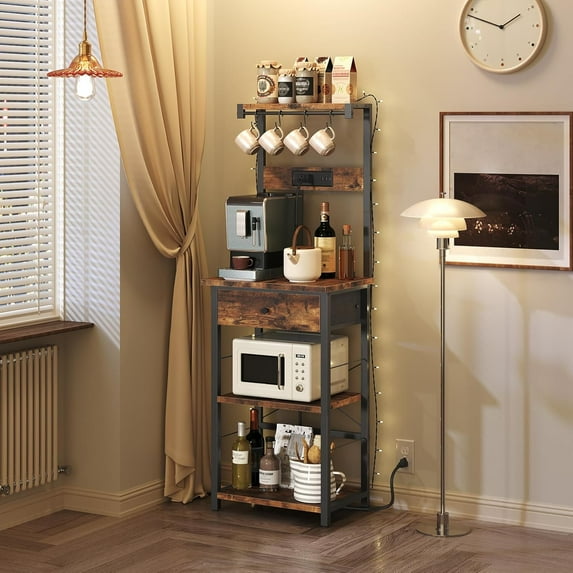Bakers Rack with Drawer, Microwave Stand with Power Outlet, Coffee Bar ...