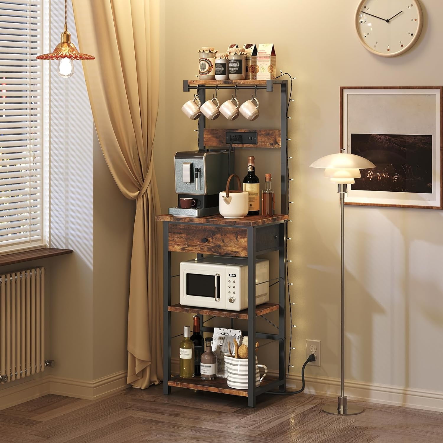 Bakers Rack with Drawer Microwave Stand Power Outlet Coffee Bar Station ...