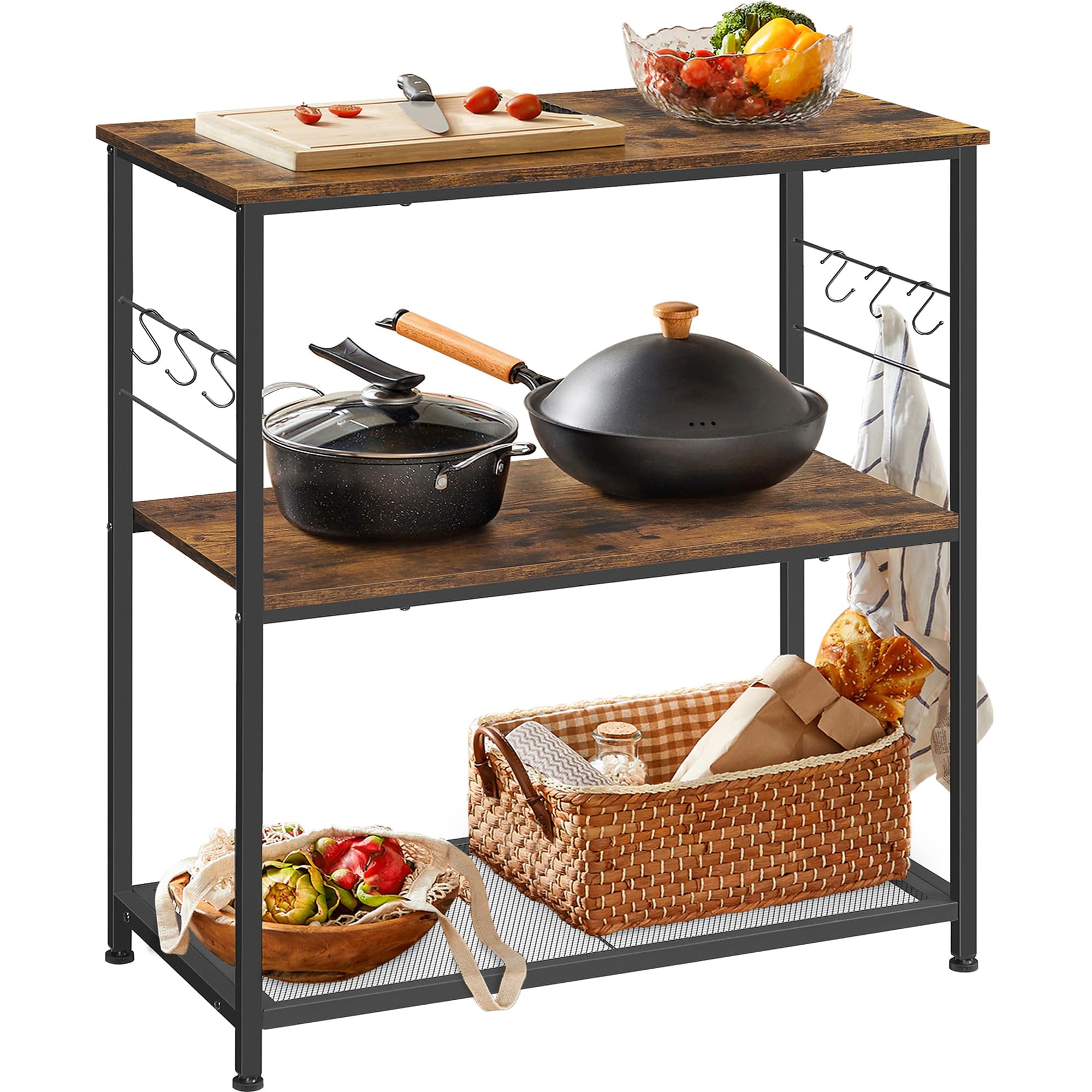 Bakers Rack Kitchen Island, 3 Tier Open Shelf Storage with 6 Hooks ...