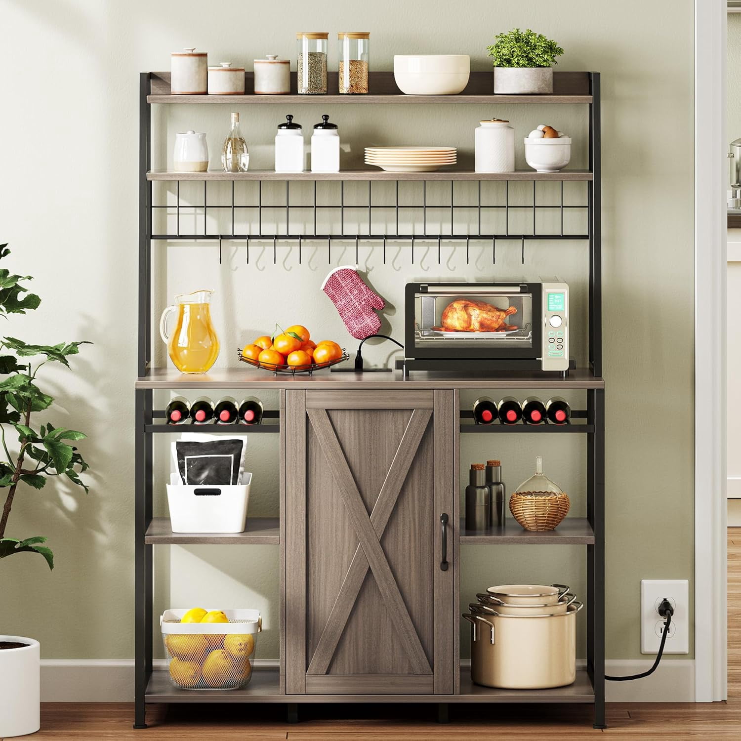 Bakers Rack Microwave Stand Cabinet with Large Storage Drawer and Power ...