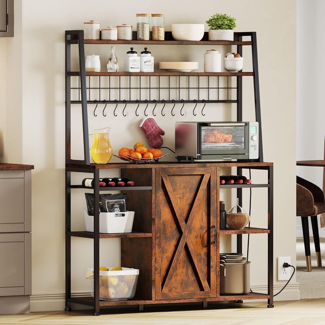 Bakers Rack Microwave Stand Cabinet with Large Storage Drawer and Power ...