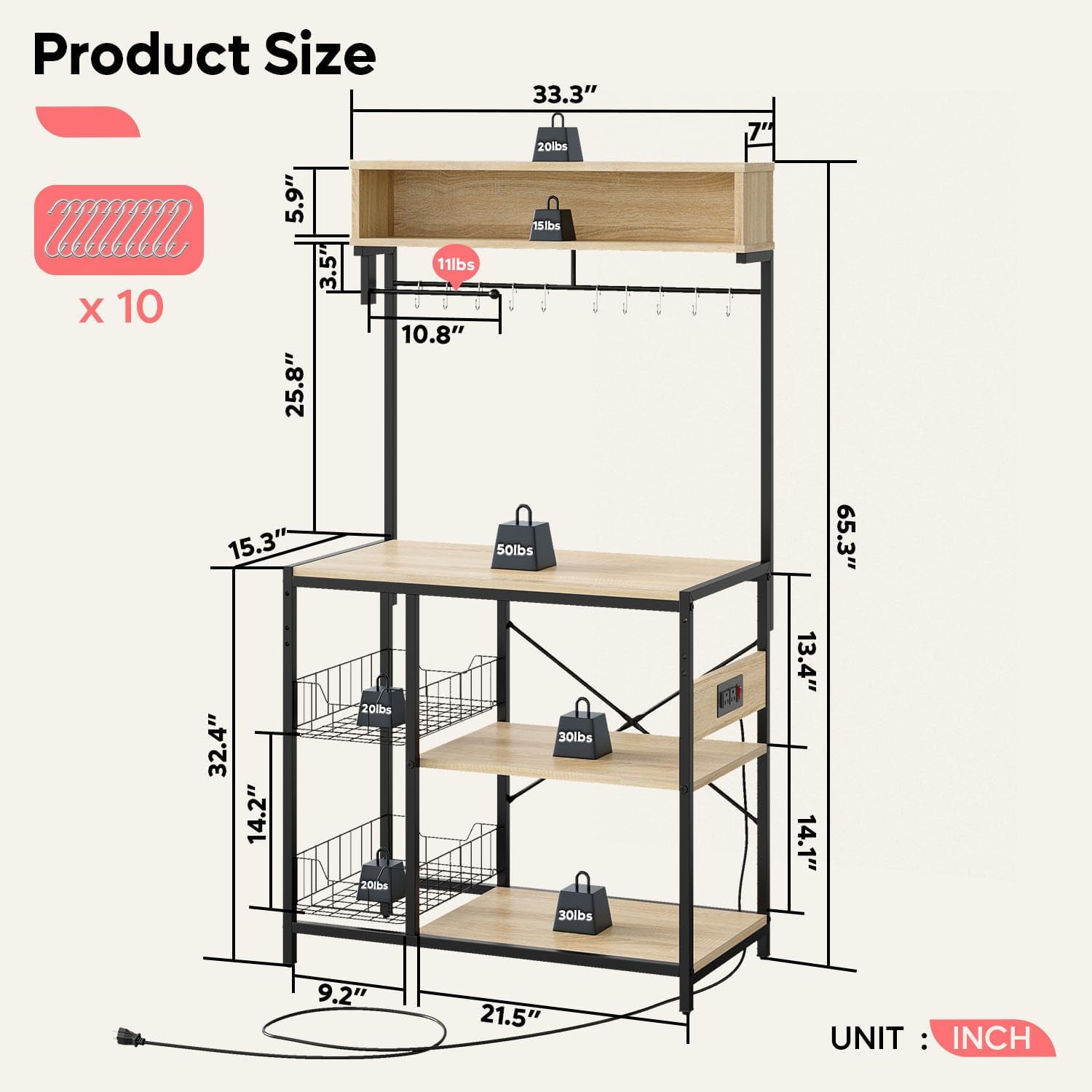 Bakers Rack with Power Outlet, 10 Hooks Coffee Bar with Wire Basket ...