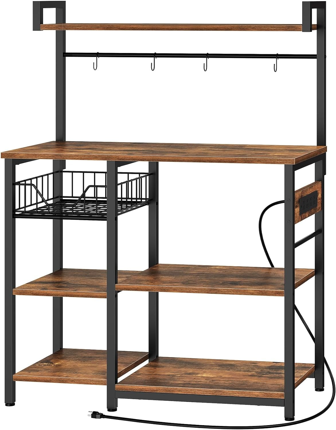 Bakers Rack with Power Outlet, 35.4 Inches Coffee Bar with Mesh Basket ...