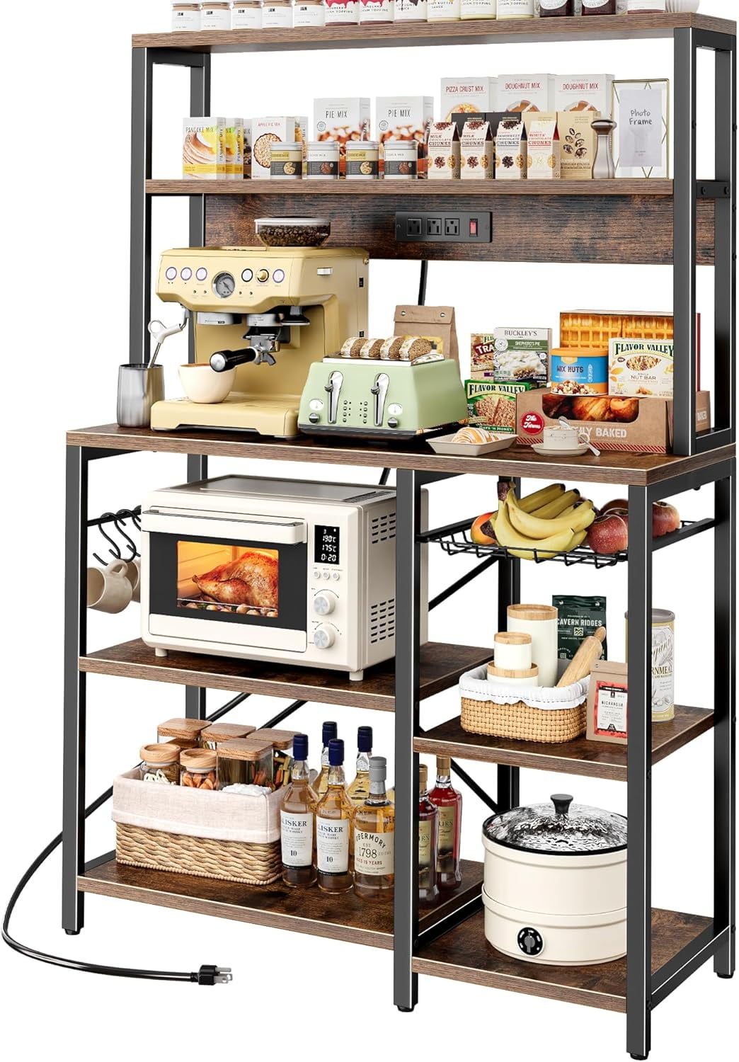Bakers Rack with Power Outlet, 35.4 Inches Coffee Bar with Wire Basket ...