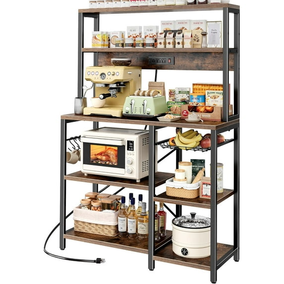 Bakers Rack with Power Outlet, 35.4 Inches Coffee Bar with Wire Basket ...