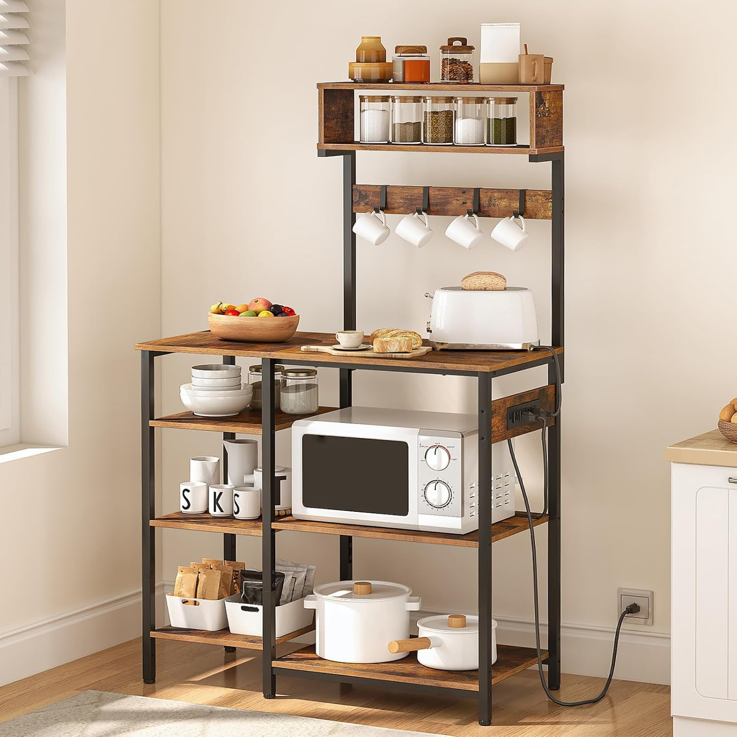 Bakers Rack with Power Outlet, 35.4 Inches Microwave Stand with 4 Hooks, 6 Tiers Kitchen Storage ...