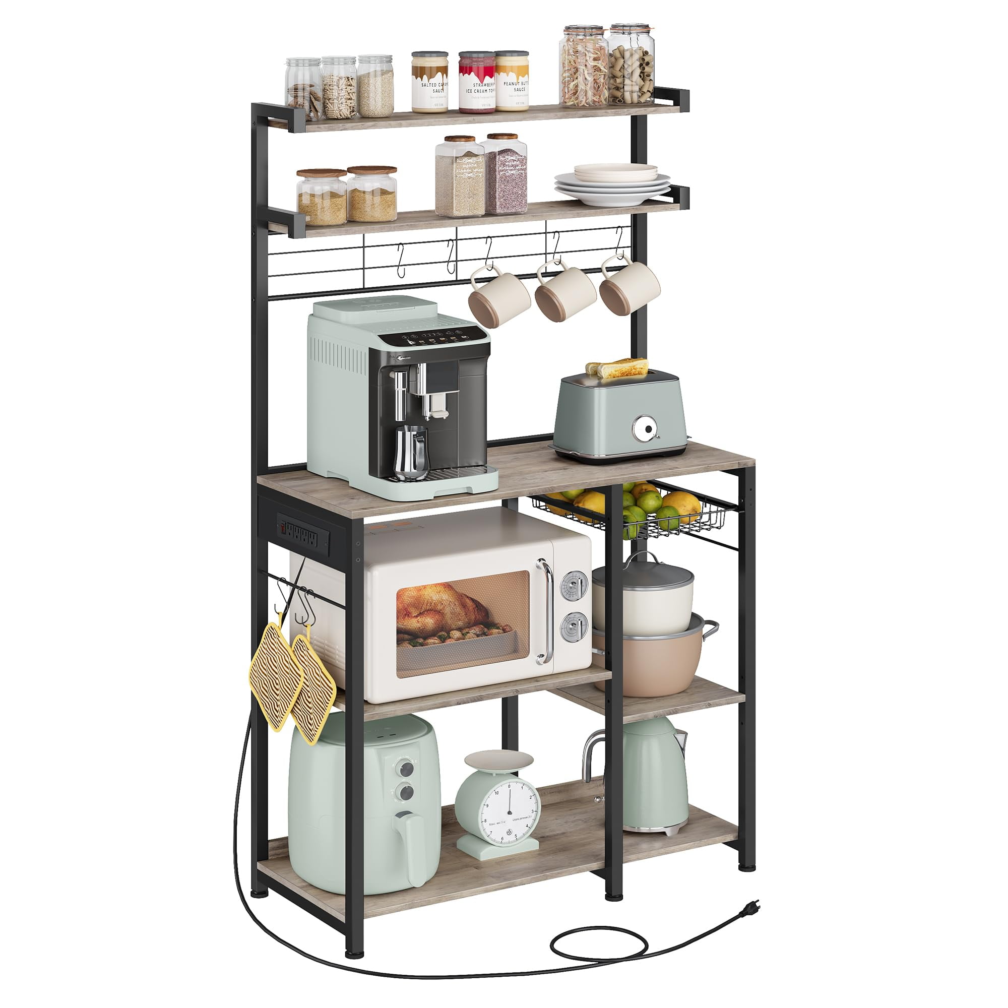 Bakers Rack with Power Outlet, 35.4 Inches Microwave Stand, Coffee Bar ...