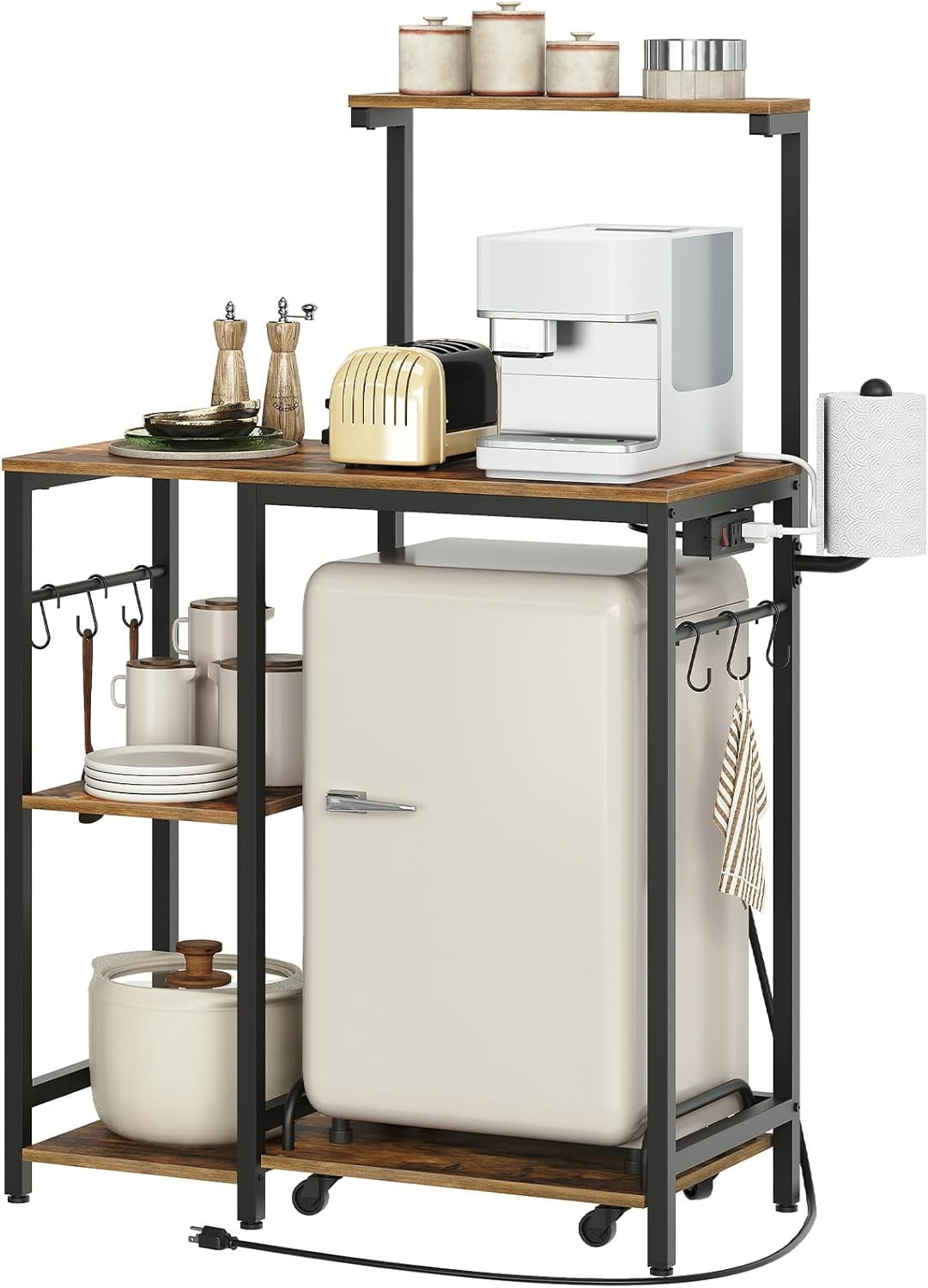 Bakers Rack With Power Outlet & Mini Fridge Cart - 4 Tier Kitchen ...