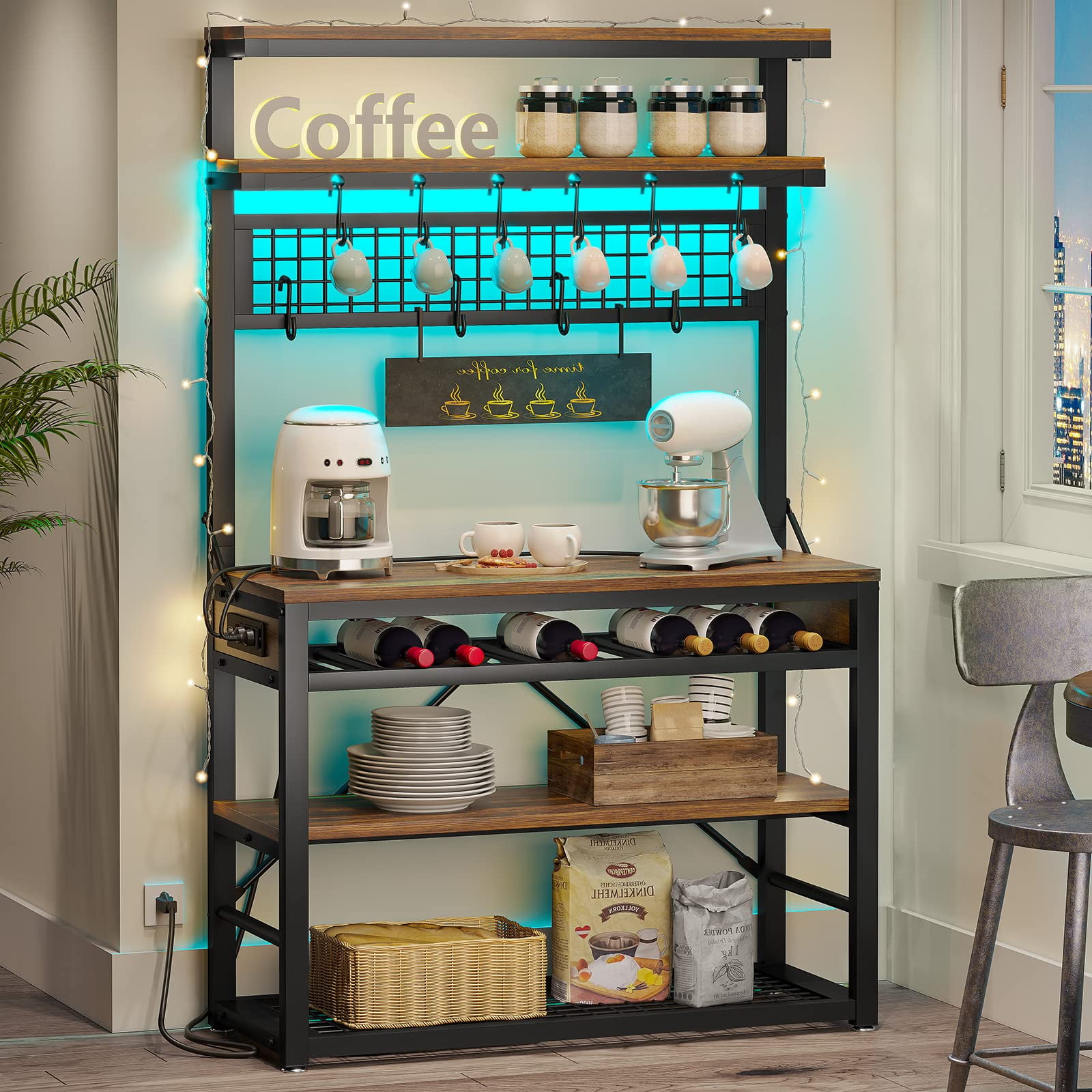 Bakers Rack with Power Outlet, 6-Tier Coffee Bar, Microwave Stand with ...