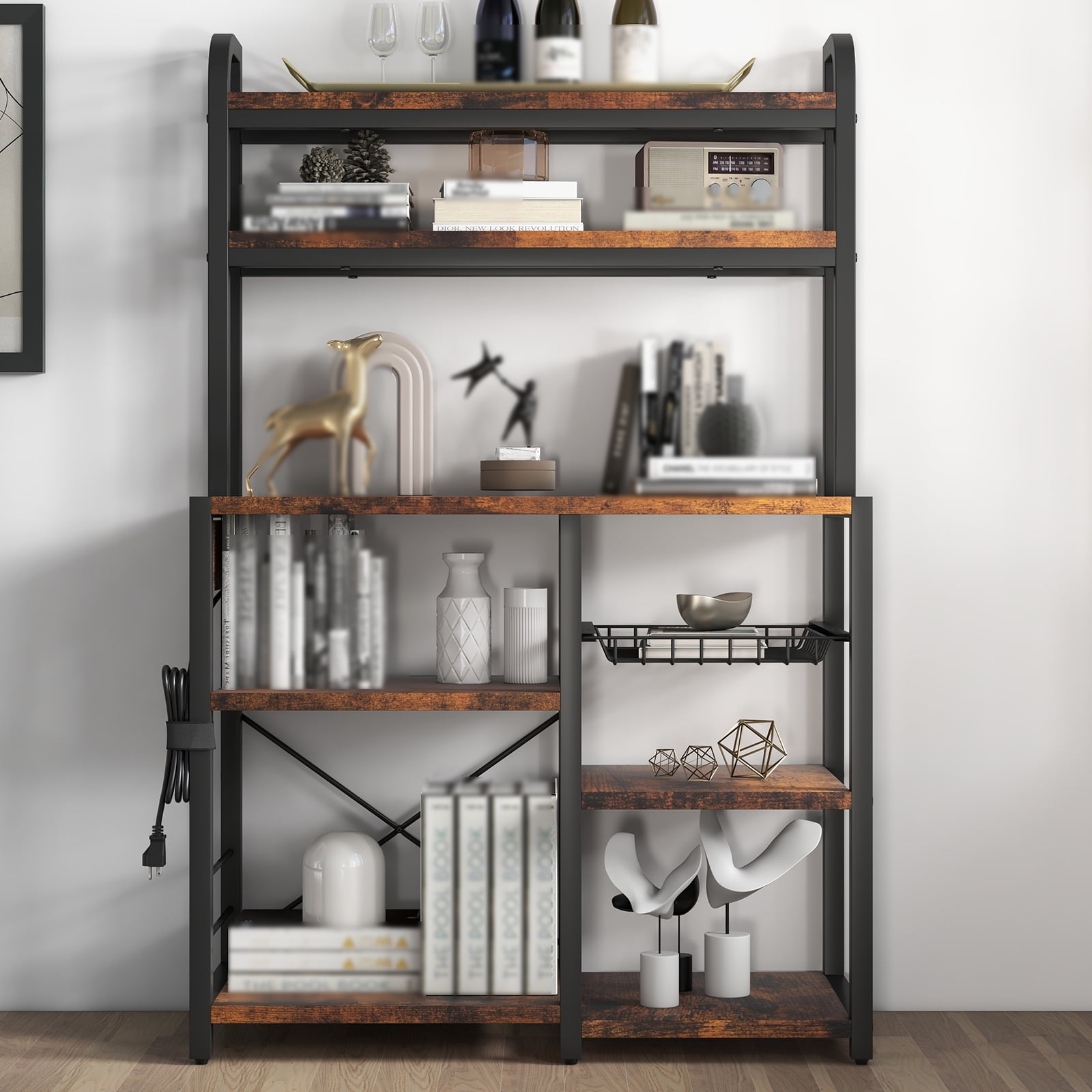 Bakers Rack with Power Outlet, 6-Tier Microwave Stand, Steel Frame ...