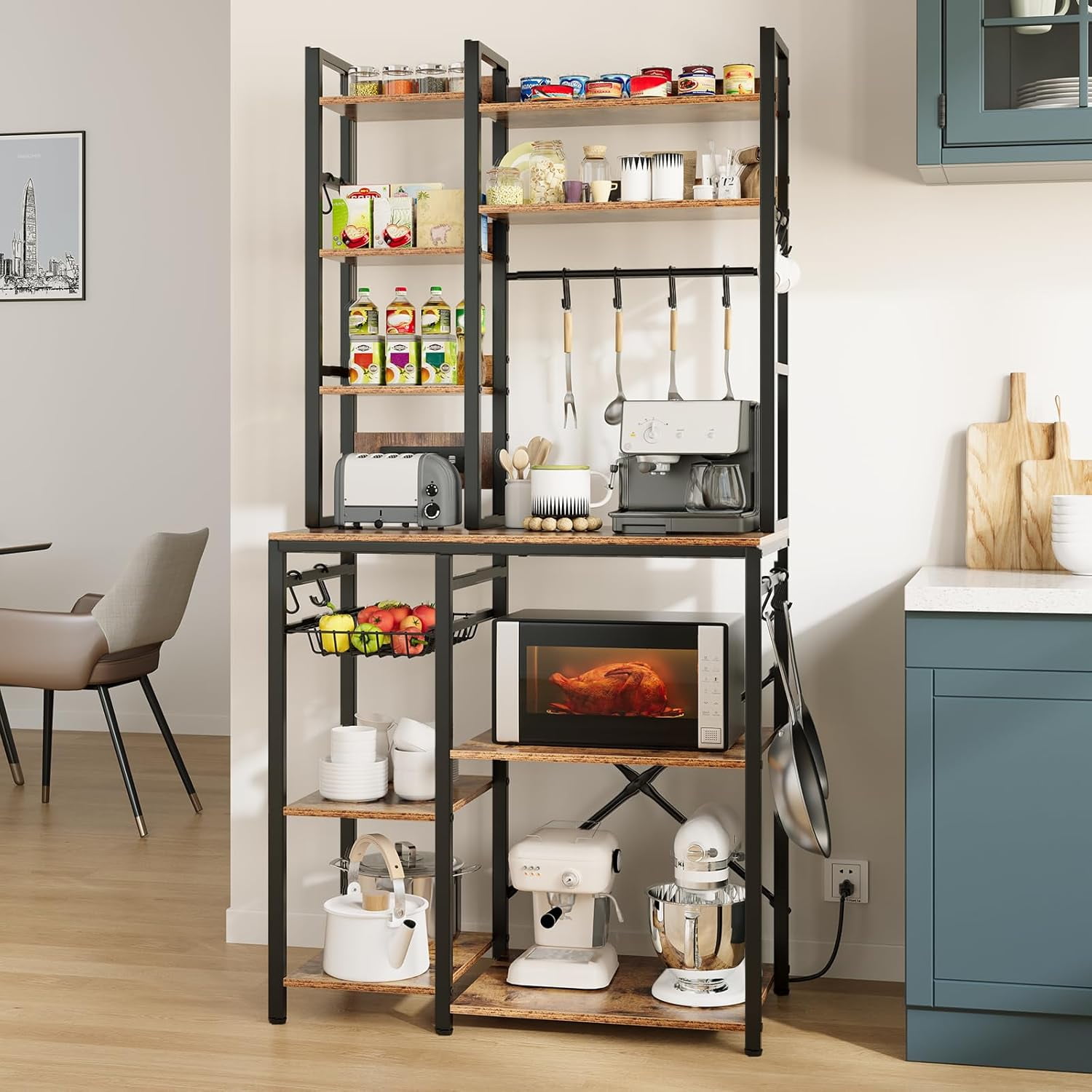 Bakers Rack with Power Outlet, 7-Tier Microwave Stand, Large Coffee Bar ...