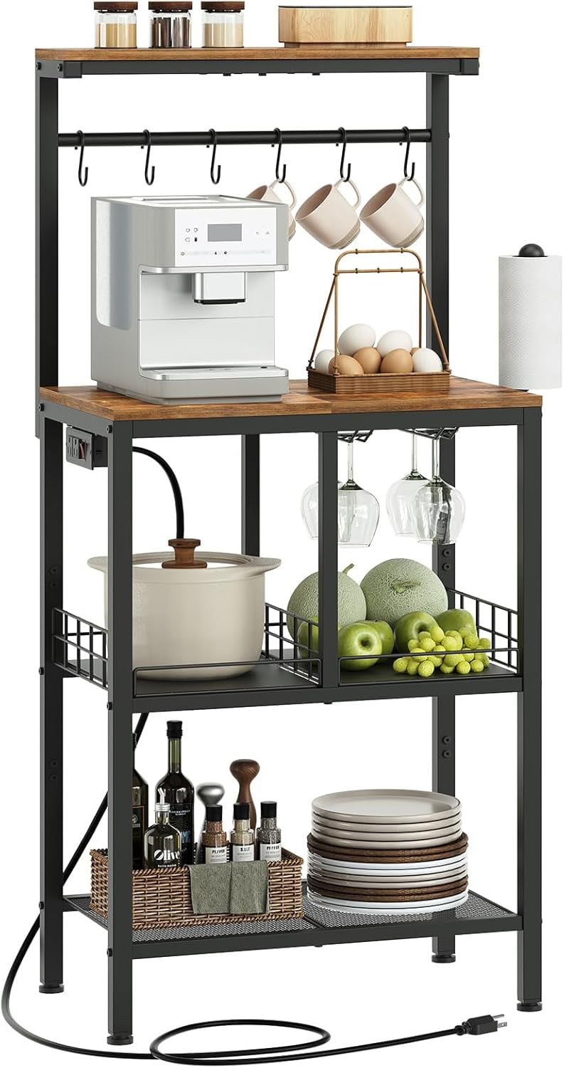 Bakers Rack with Power Outlet, Coffee Bar Table 4 Tiers, Microwave Stand with Wine Glass Holder ...