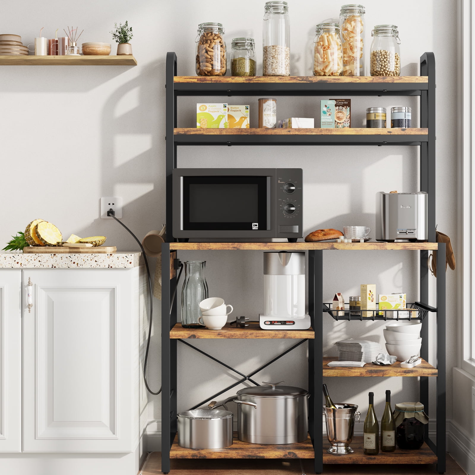 Bakers Rack with Power Outlet, Coffee Bar with Wire Drawer, Industrial ...