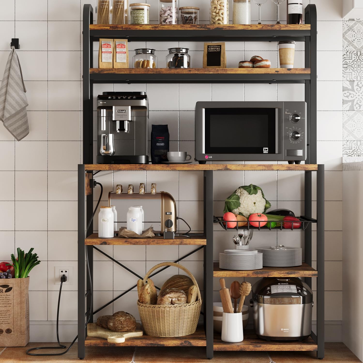 Bakers Rack with Power Outlet Kitchen Baker Rack with Wire Basket ...