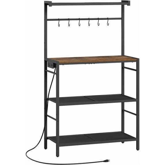 Bakers Rack with Power Outlet, Kitchen Storage Shelf with 6 Hooks ...