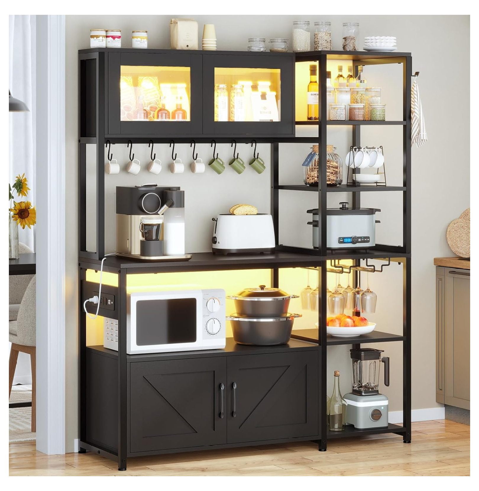 Bakers Rack with Power Outlet and LED Light, 45.3 Inch Farmhouse Coffee ...