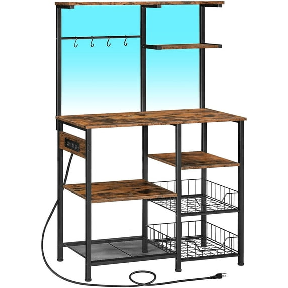 Bakers Rack with Power Outlet and LED Light, 6-Tier Microwave Stand ...