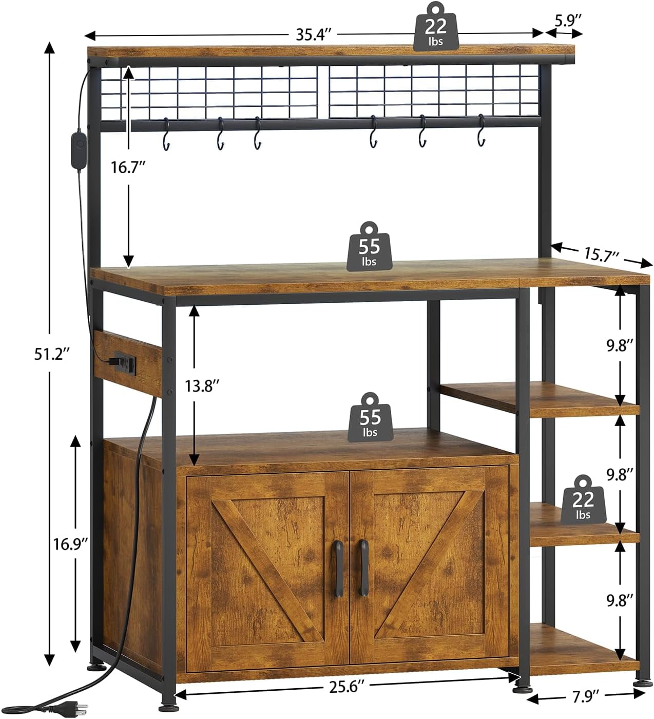 Bakers Rack with Power Outlet and LED Light, Microwave Stand with ...