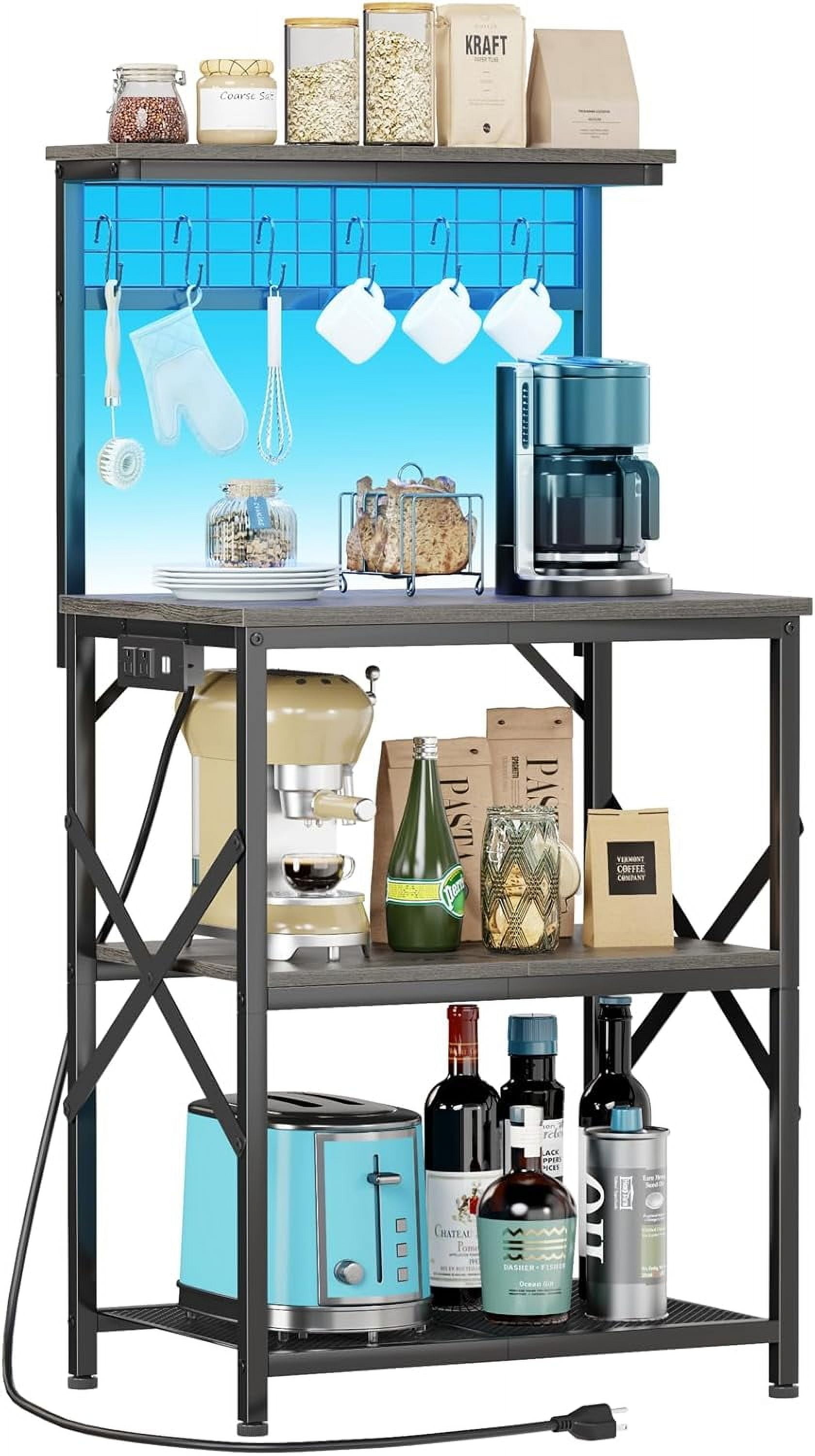 Bakers Rack with Power Outlet and LED Light, Small Coffee Bar Station with 4 Tier Shelves ...
