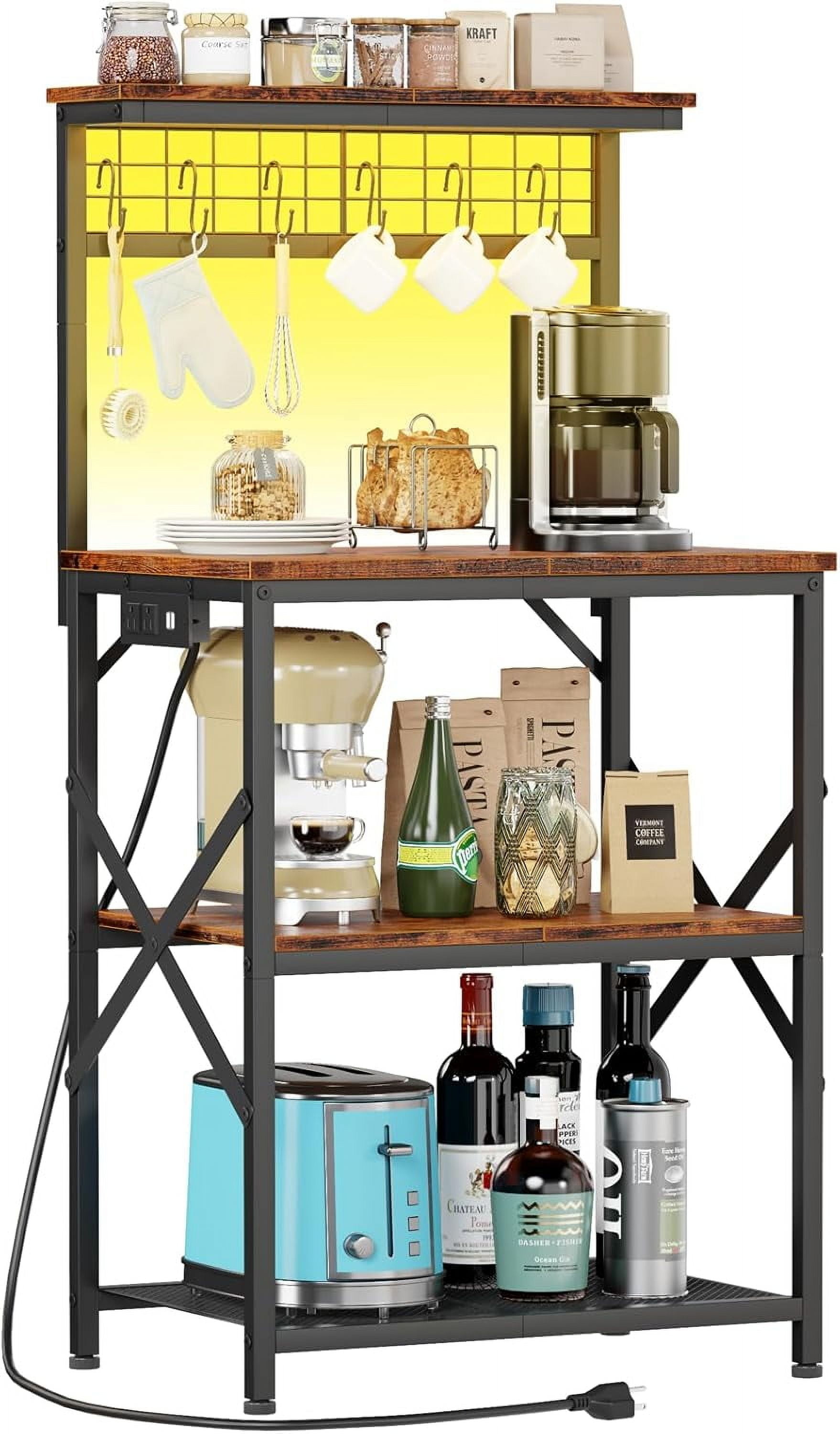 Bakers Rack with Power Outlet and LED Light, Small Microwave Stand with ...