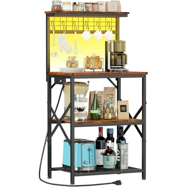 Bakers Rack with Power Outlet and LED Light, Small Microwave Stand with ...