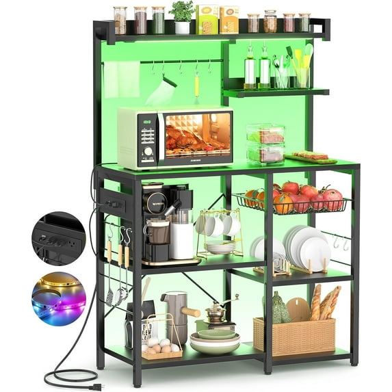 Bakers Rack with Power Outlet and LED light strings, Microwave Oven ...