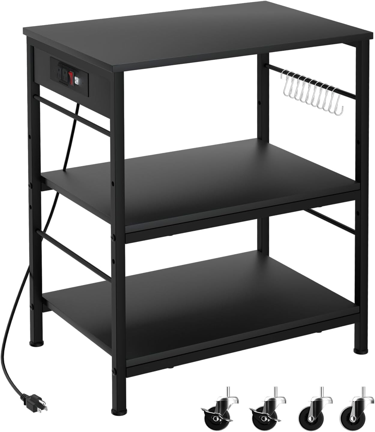 Bakers Rack with Power Outlet Microwave Shelf Stand Black Coffee Bar ...