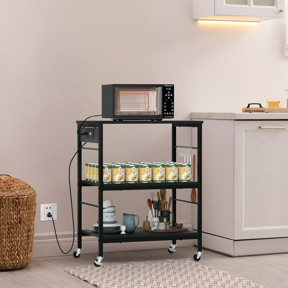 Bakers Rack with Power Outlet Microwave Shelf Stand Black Coffee Bar ...