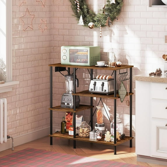 Bakers Rack with Power Outlet, Microwave Stand with 5 S-Shaped Hooks ...
