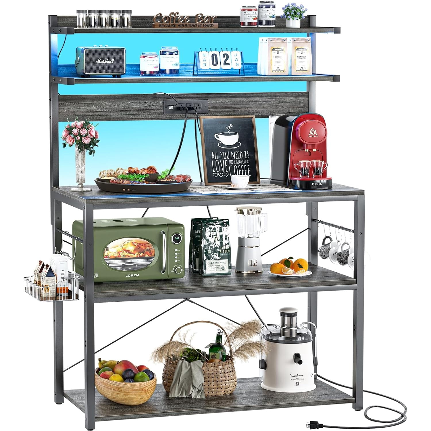 Bakers Rack with Power Outlet, Microwave Stand, 5 Tiers Coffee Bar ...