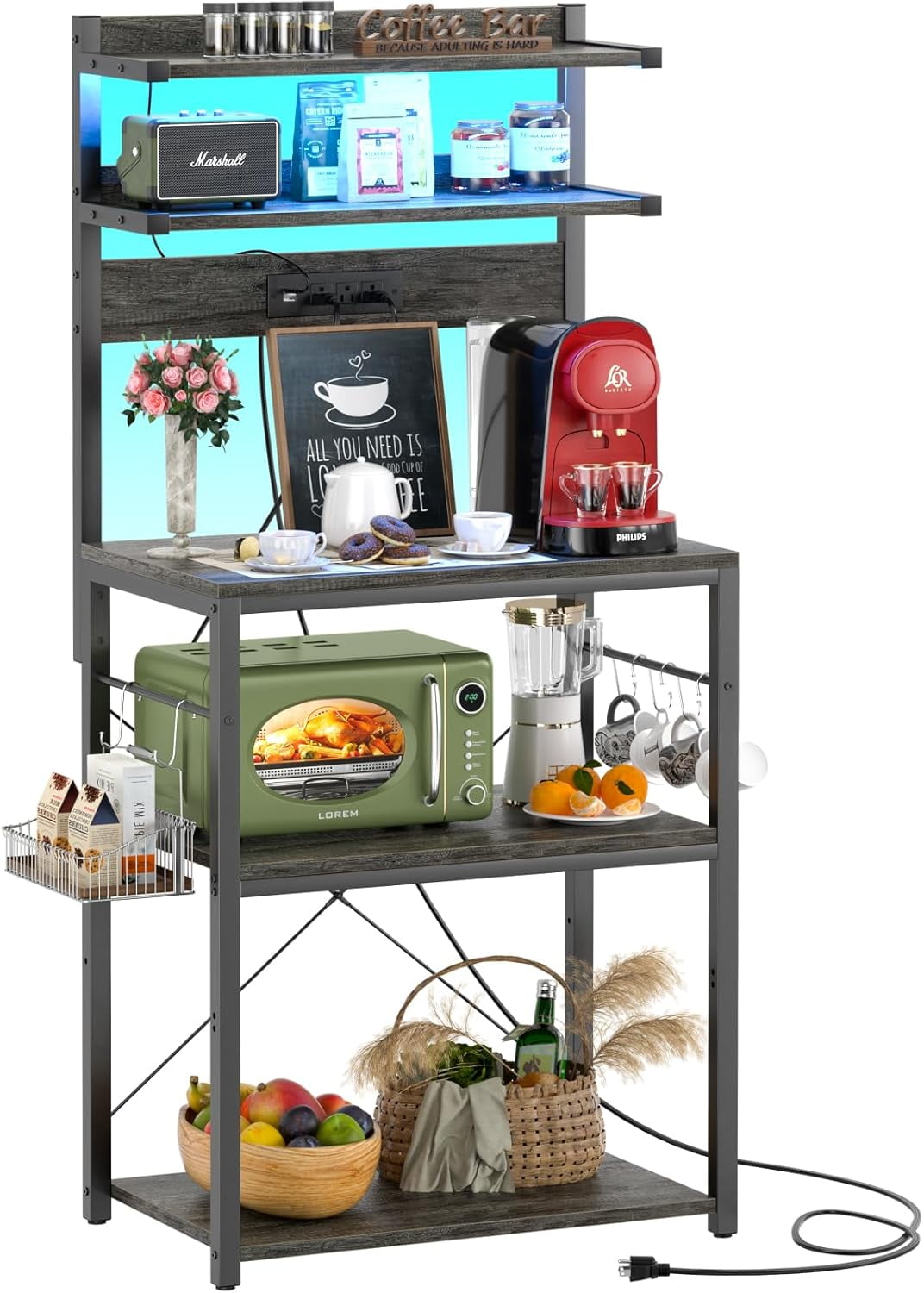 Bakers Rack with Power Outlet Microwave Stand 5 Tiers Coffee Bar ...