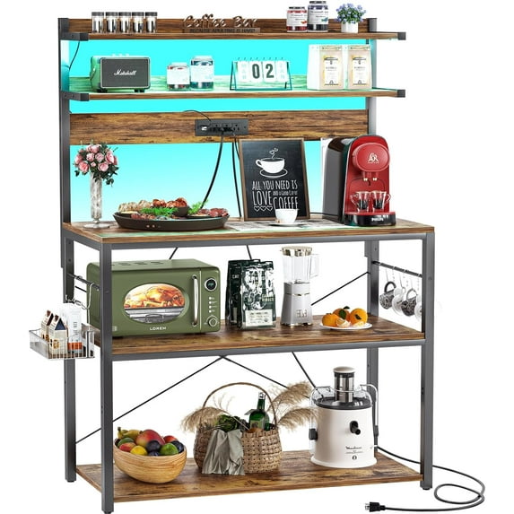 Bakers Rack with Power Outlet, Microwave Stand, 5 Tiers Coffee Bar ...