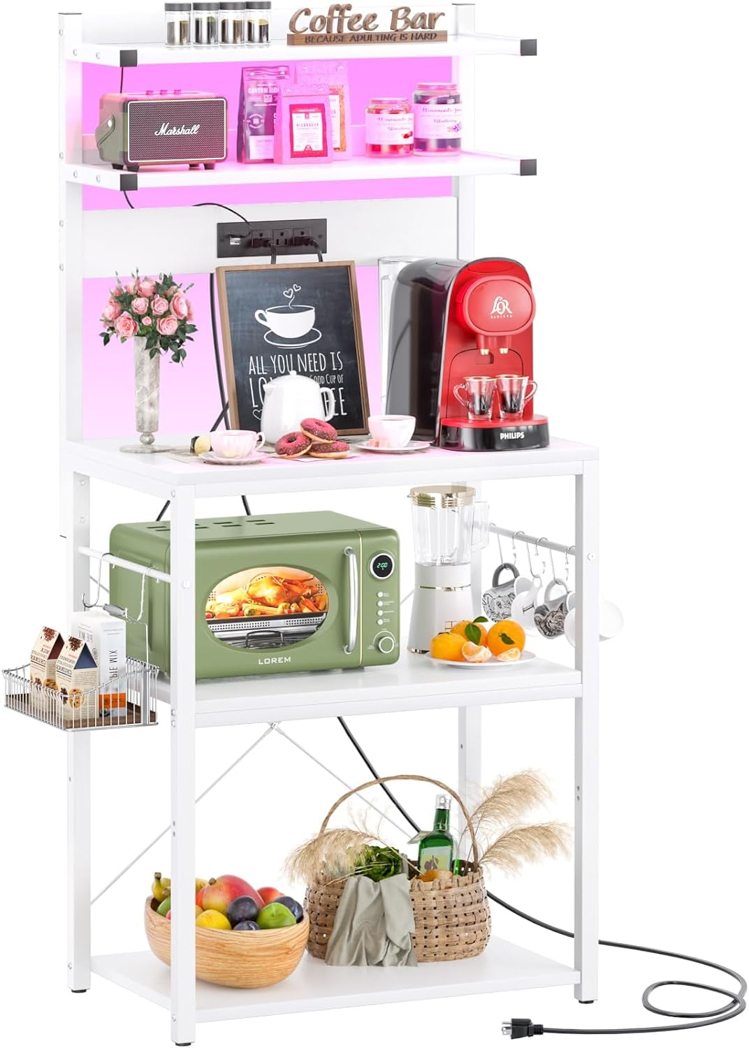 Bakers Rack with Power Outlet, Microwave Stand, 5 Tiers Coffee Bar ...