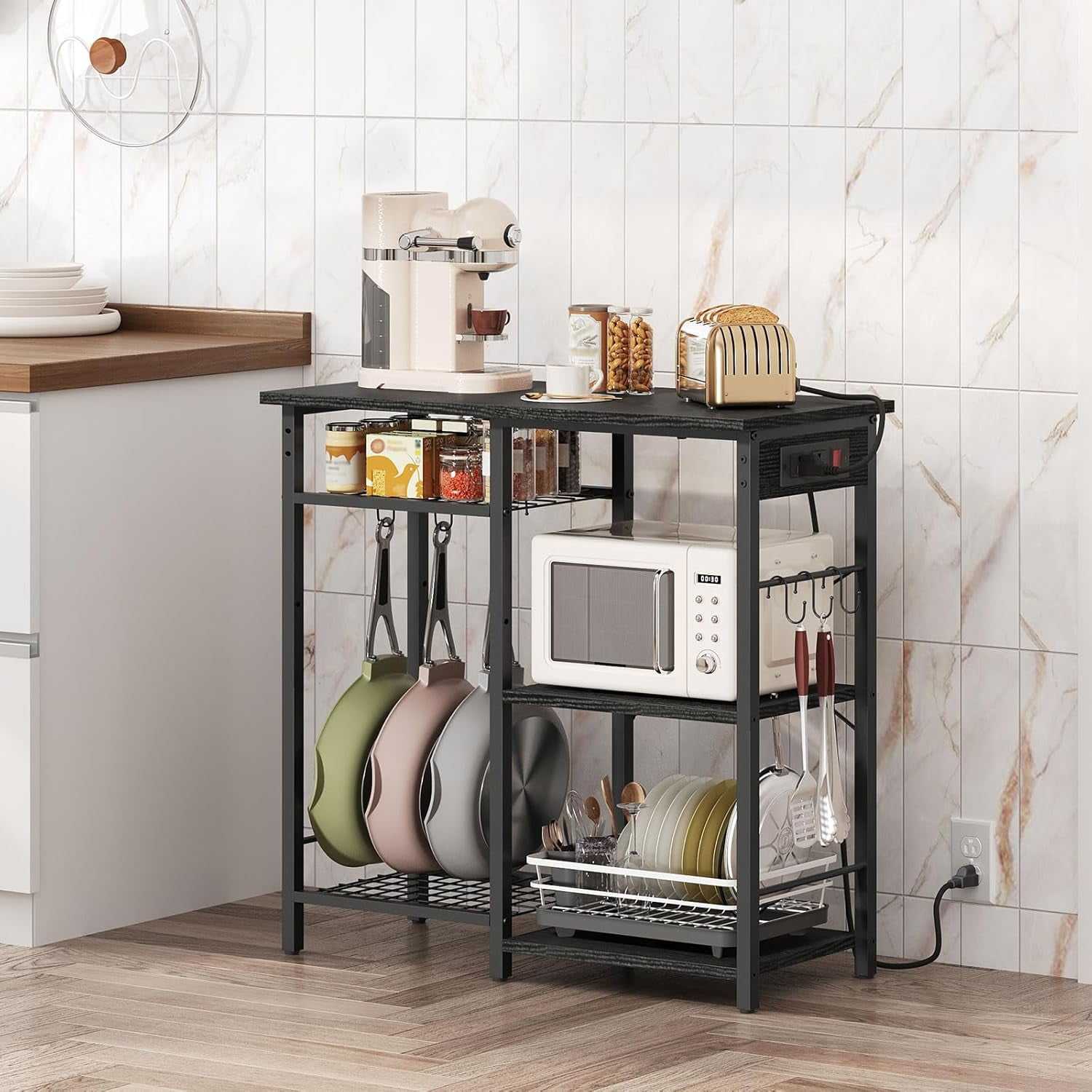 Bakers Rack with Power Outlet, Microwave Stand with Adjustable Mesh ...