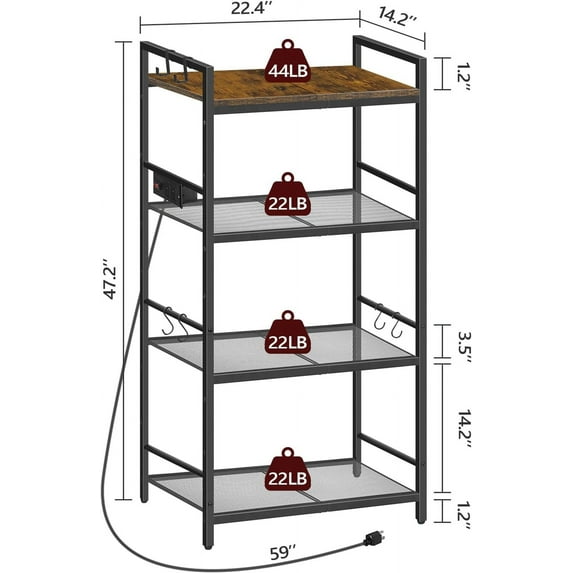 Bakers Rack with Power Outlet, Microwave Stand with Hooks ...