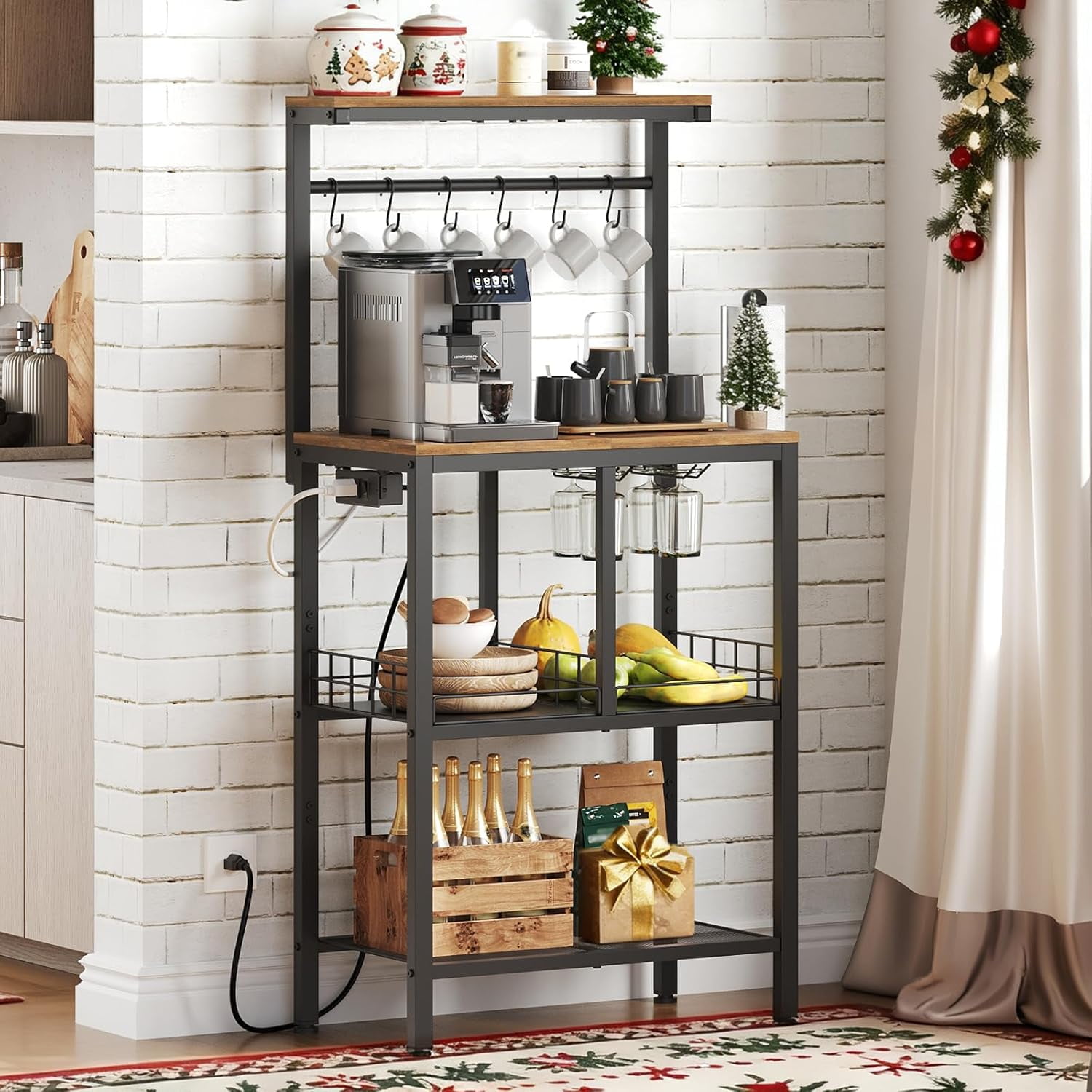 Bakers Rack with Power Outlet, Microwave Stand with Paper Holder ...