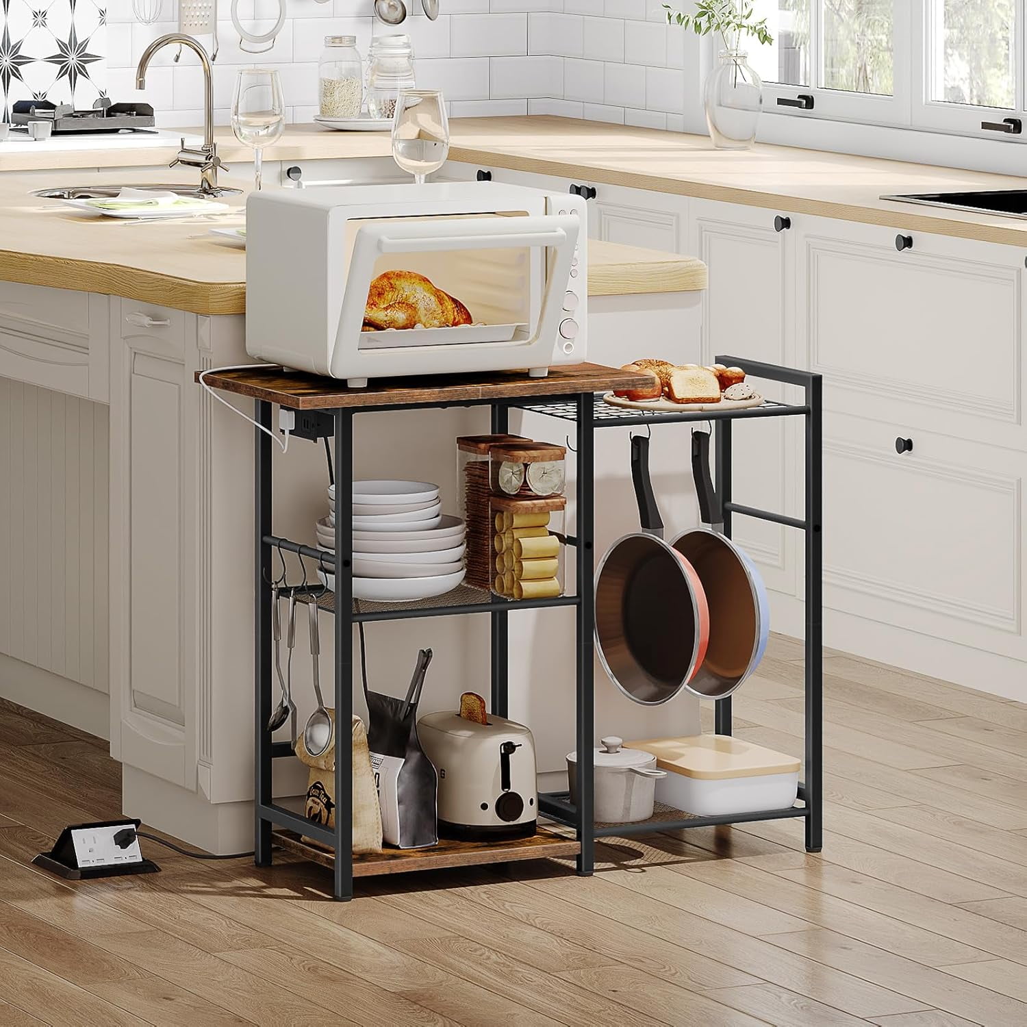 Bakers Rack with Power Outlet, Microwave Stand with Pots Rack, Kitchen ...