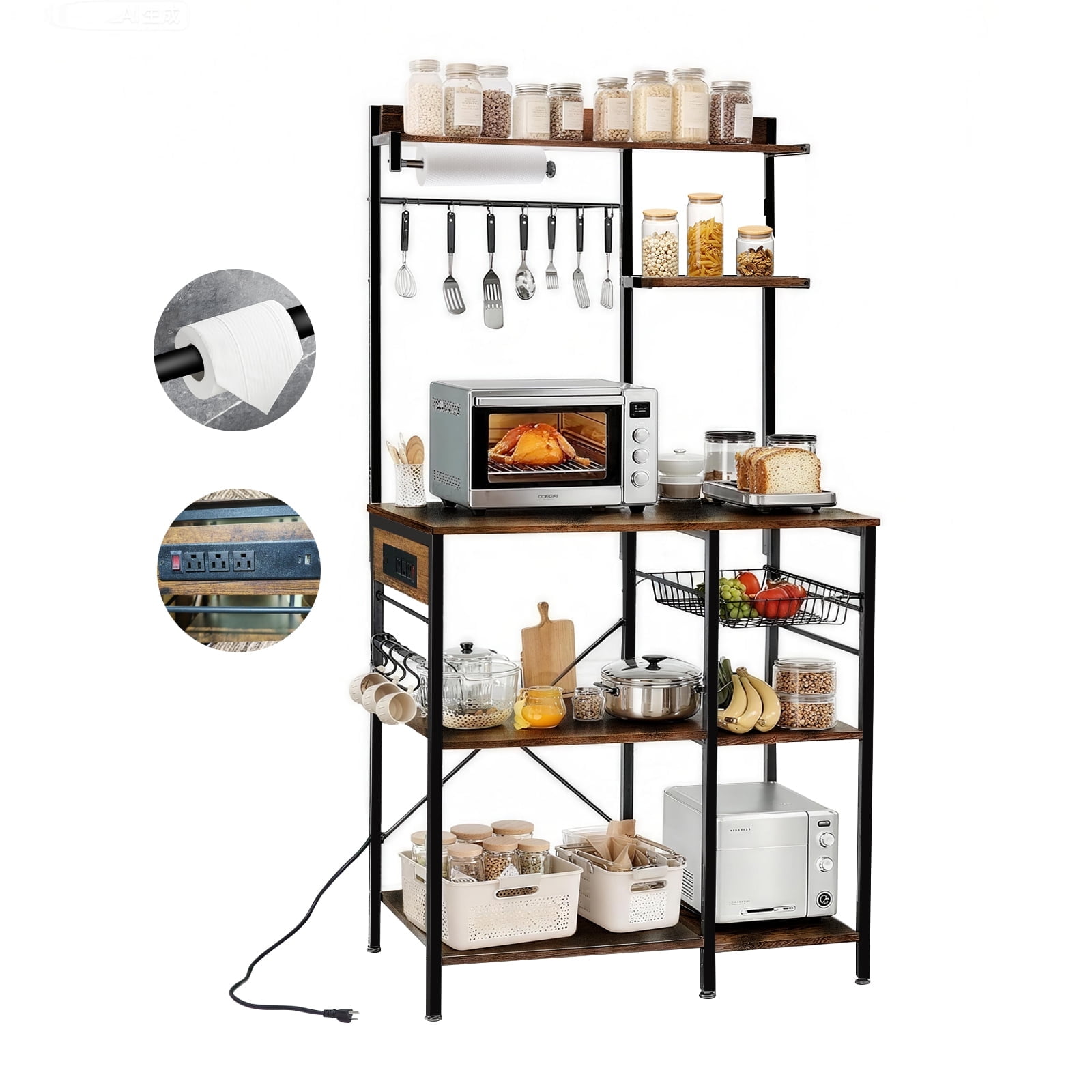 Bakers Rack with Power Outlet, Microwave Stand with Storage, Coffee Bar ...