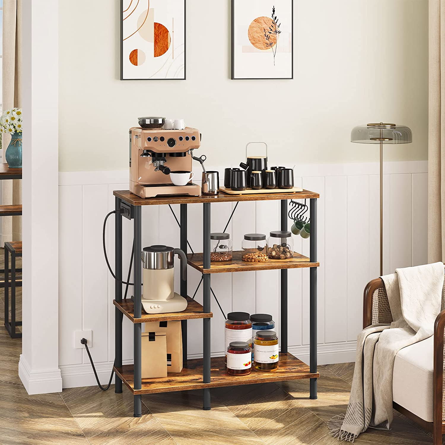 Bakers Rack with Power Outlet, Rustic Brown & Black Kitchen Storage ...