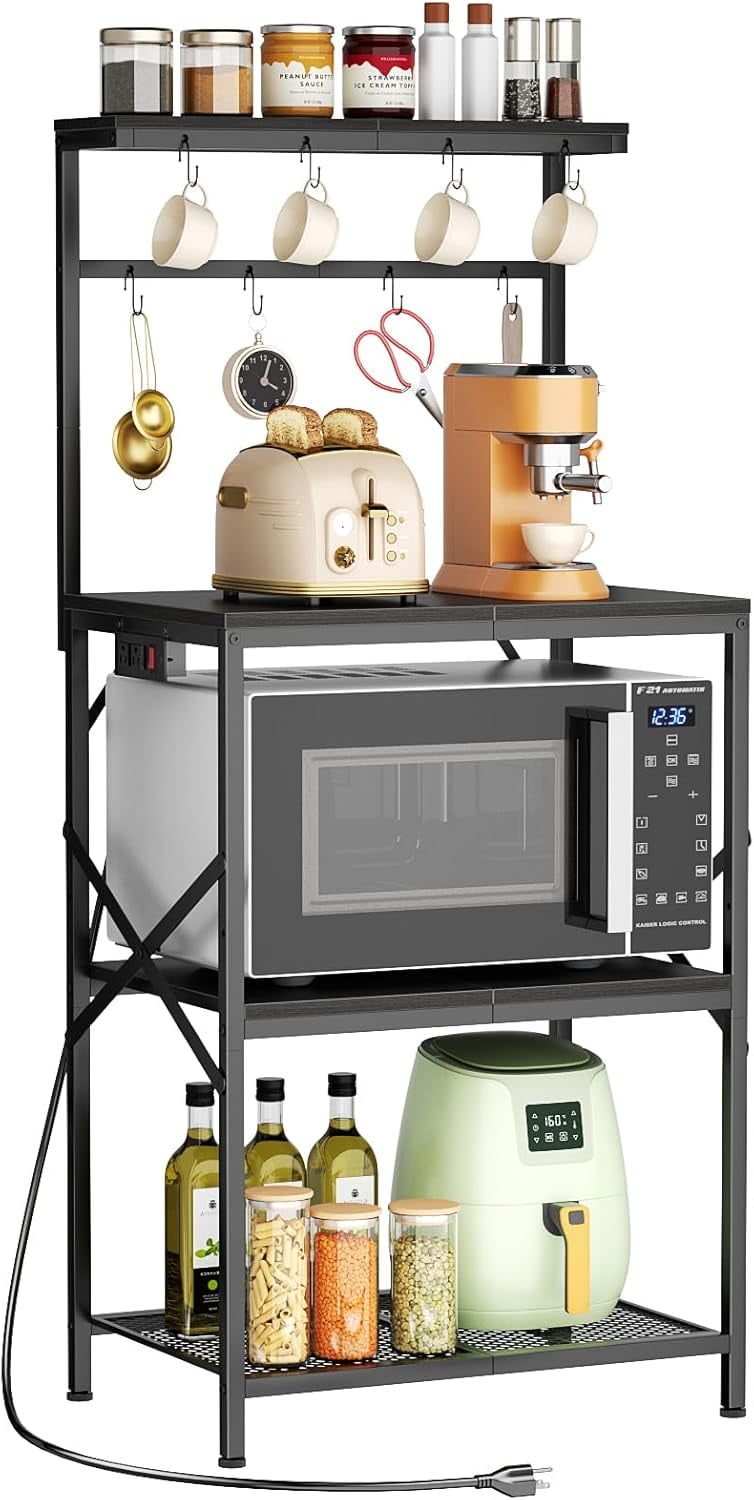 Bakers Rack with Power Outlet, Small Coffee Bar Table with 8 Hooks, 4 Tiers Microwave Stand ...