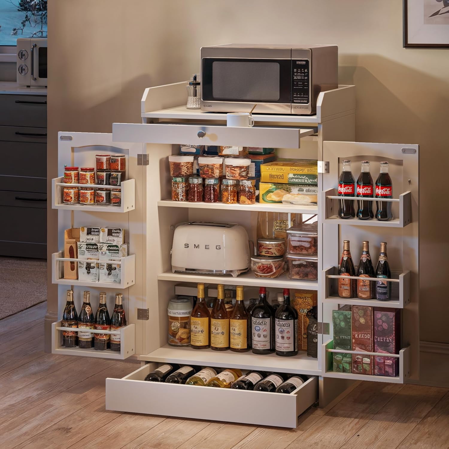 Bakers Rack with Storage, 41’’ Coffee Bar Cabinet wtih LED, Microwave ...