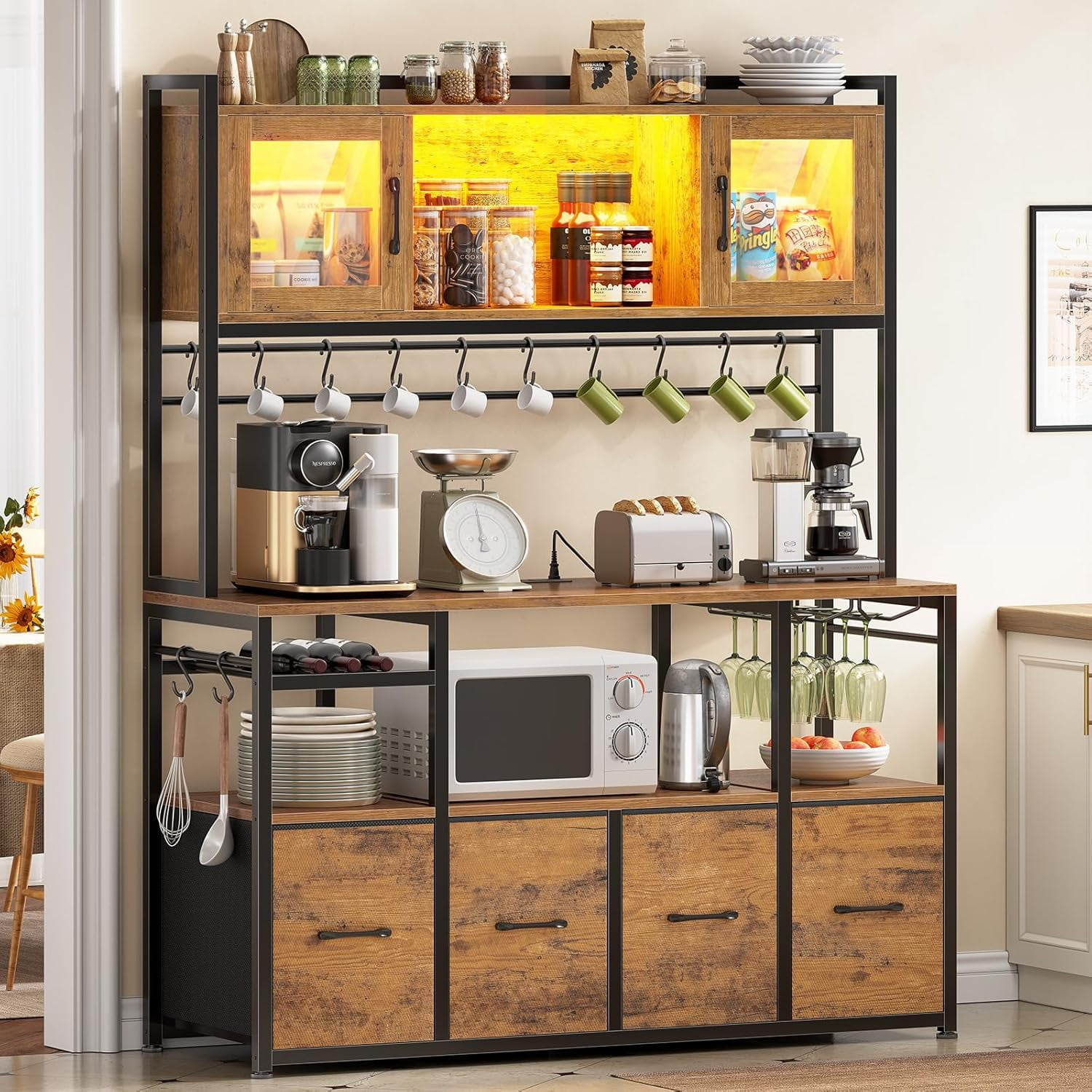 Bakers Rack with Storage, 47.2" Microwave Stand with Power Outlet and ...