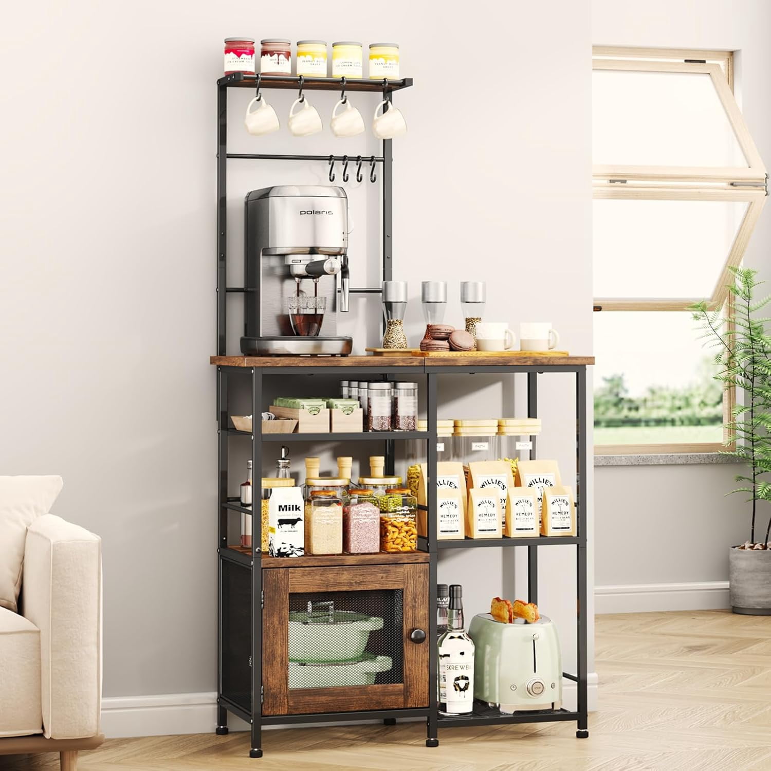 Bakers Rack with Storage - Coffee Bar Cabinet Organizer with 8 Hooks ...
