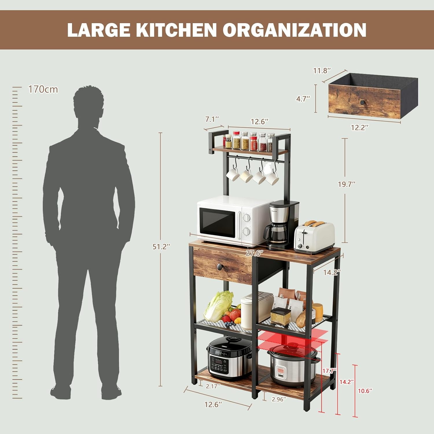 Bakers Rack with Storage,Microwave Stand with Drawer,6 Tier Coffee Bar Organizer Station ...
