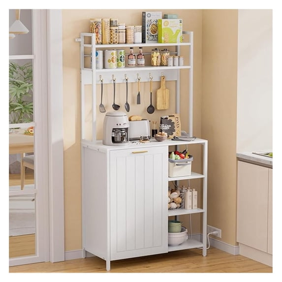 Bakers Rack with Trash Can Cabinet and Power Outlet, Farmhouse ...