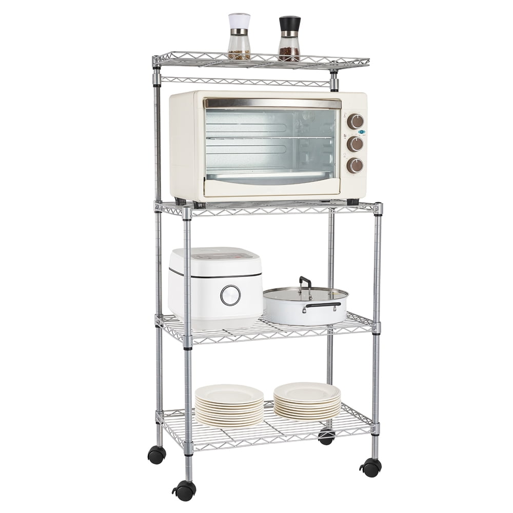 Bakers Rack with Wheels, Kitchen Microwave Cart with Storage, 4 Tier ...