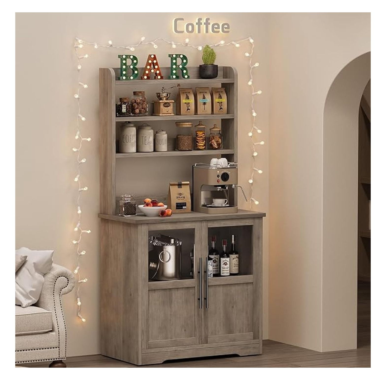 Bakers Rack With Storage Cabinet, Microwave Stand With Power Outlets ...