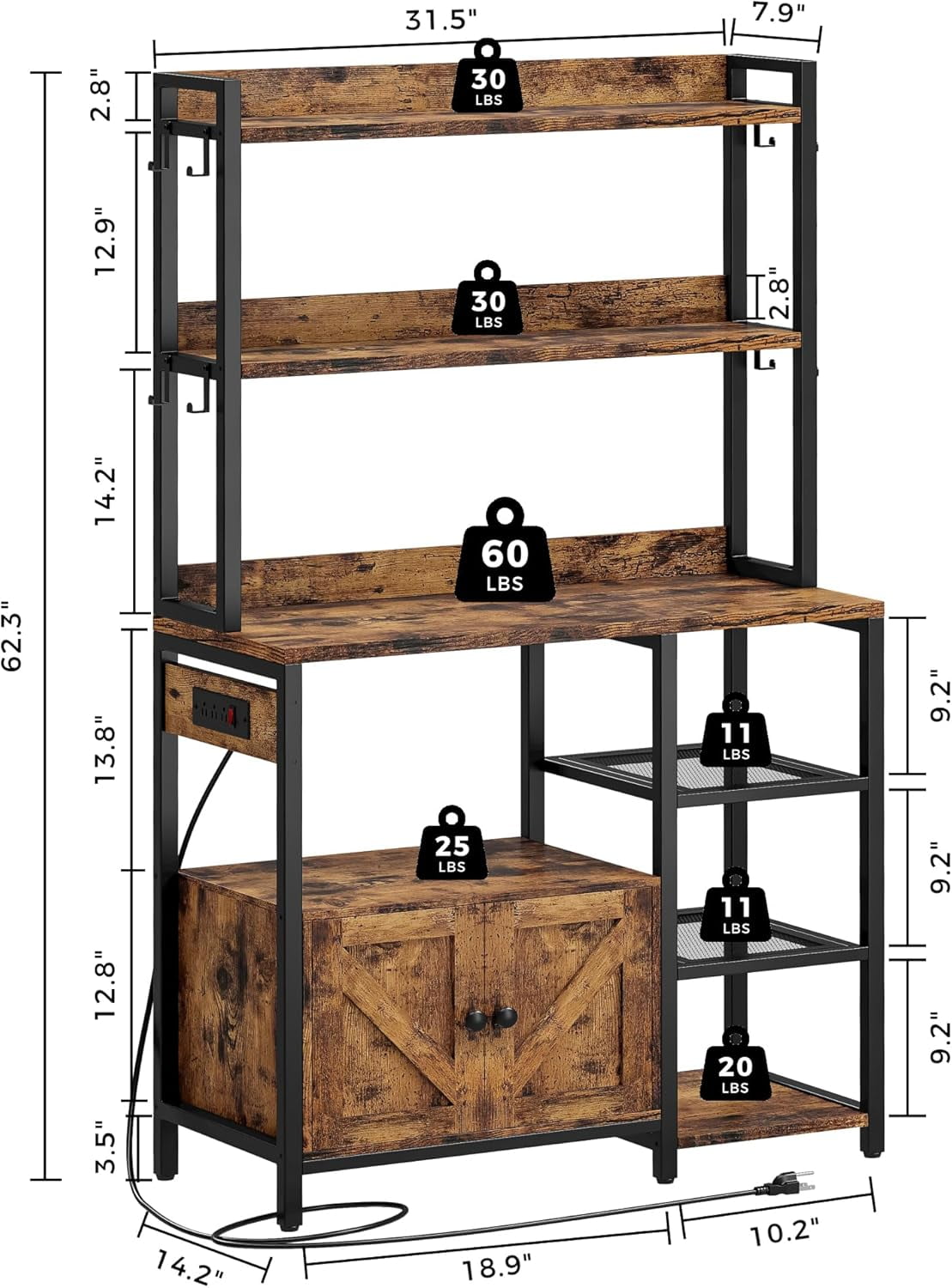 Bakers Rack with Cabinet, Kitchen Bakers Rack with Power Outlets ...